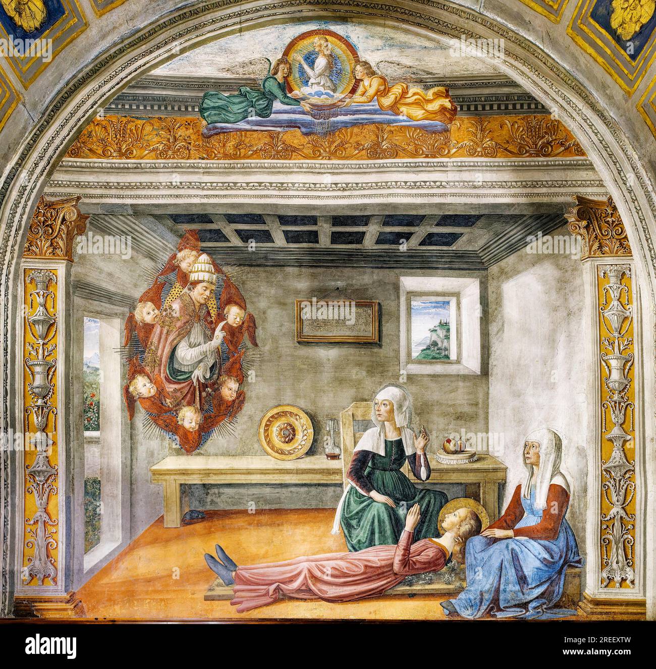 Pope Gregory the Great appears to St. Fina with her nurses on the ...