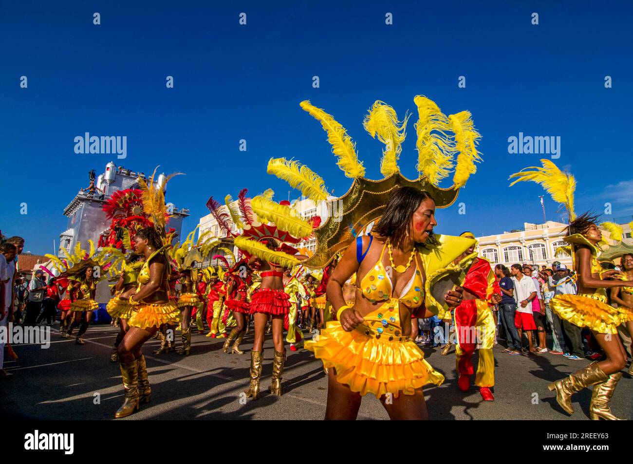 Colourful costumed, pretty women are dancing. Carnival. Mindelo. Cabo ...