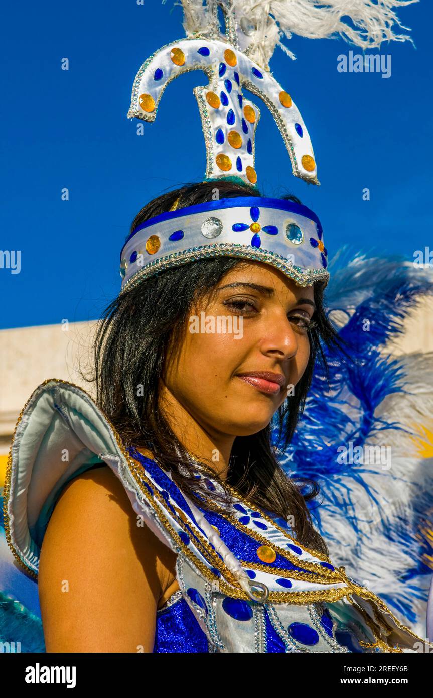 Colourful costumed, pretty woman. Carnival. Mindelo. Cabo Verde. Africa ...