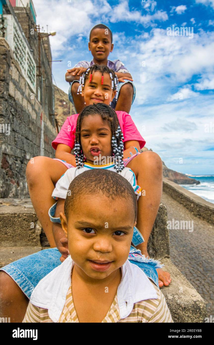 Happy children in row. San Antao. Cabo Verde. Africa Stock Photo - Alamy