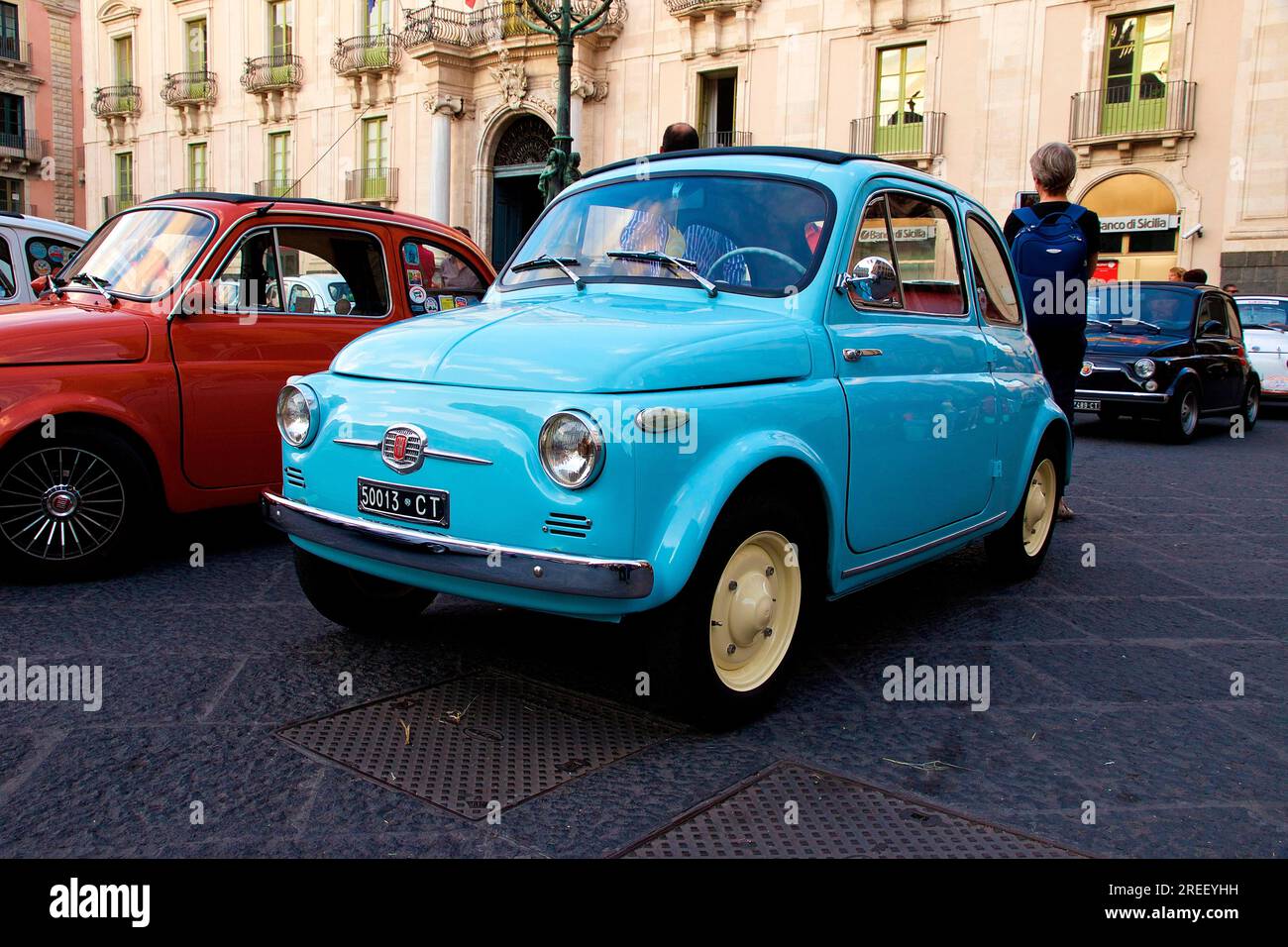 Light blue Fiat 500, Bambini, diagonal view from the front, Catania ...