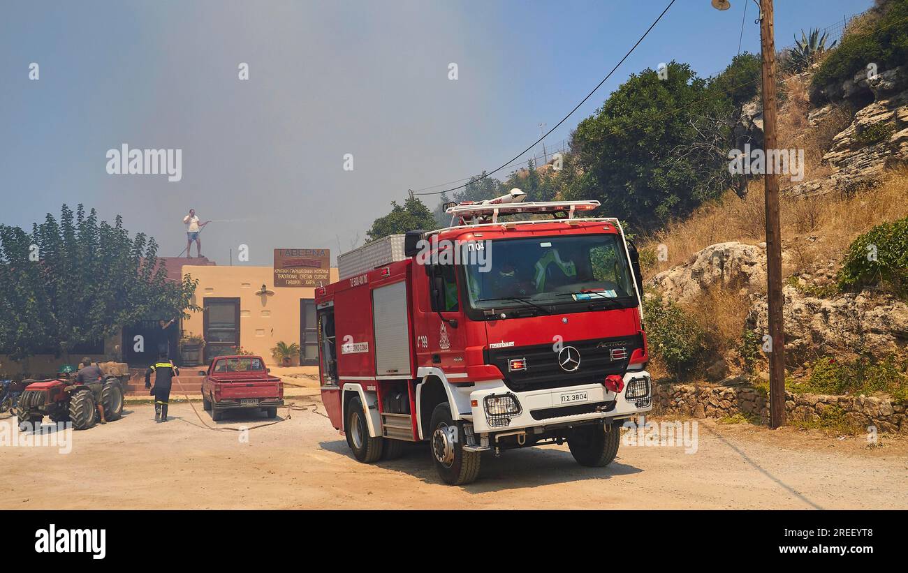 Taverna, threatened by fire, firefighting, fire engine, smoke, fire ...