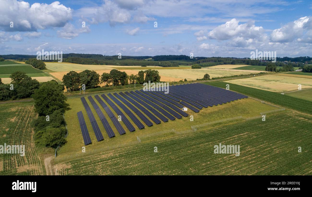 Solar installation between agricultural land, Bavaria, Germany, Europ ...