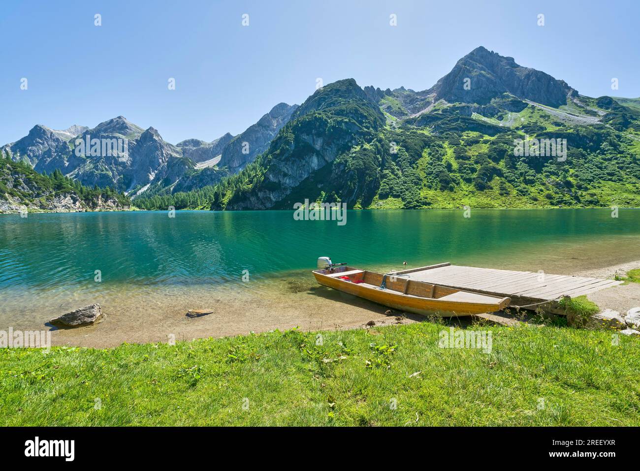 Boat at Tappenkarsee, Raucheck and Wildkarhoehe, alpine pasture ...