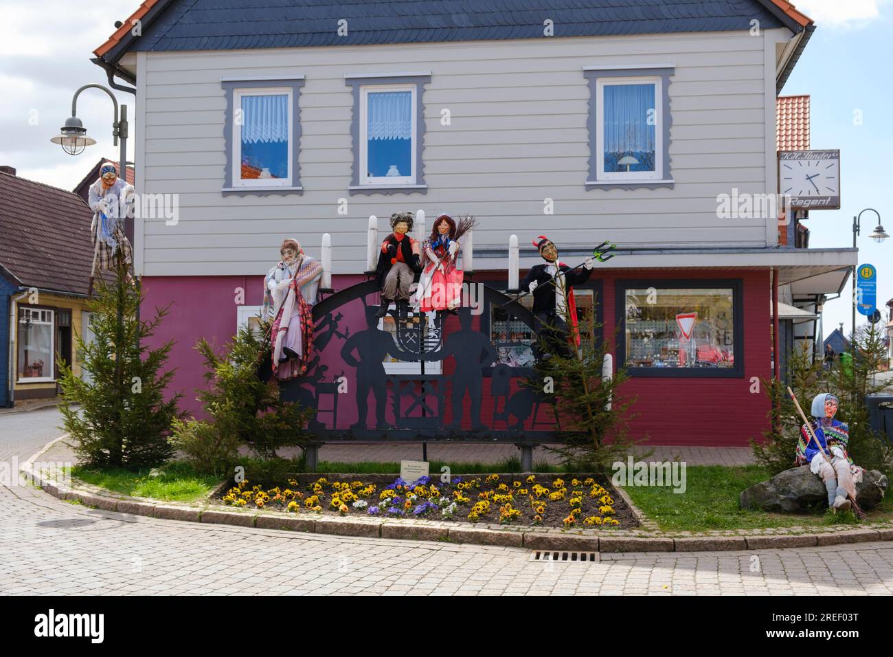 Figures of witches in front of a residential house, Walpurgis Night, St ...