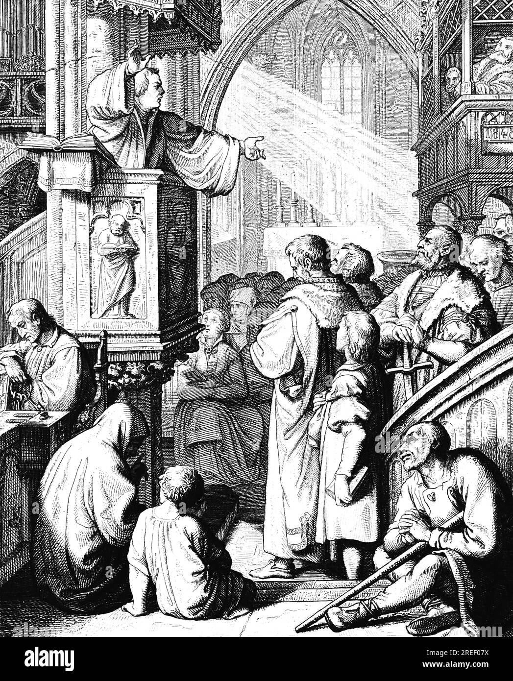 Martin Luther preaching from the pulpit, church, interior, altar, organ ...