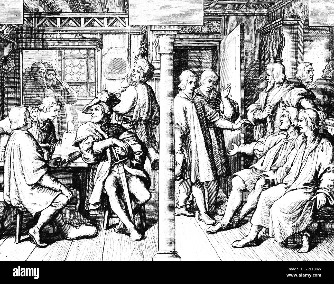 Martin Luther and the Swiss students in the inn, Jena (left) room ...