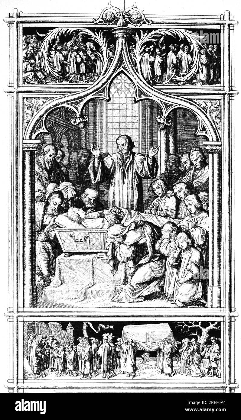 Martin Luther's death (above) and burial (below) in 1546, mourning ...