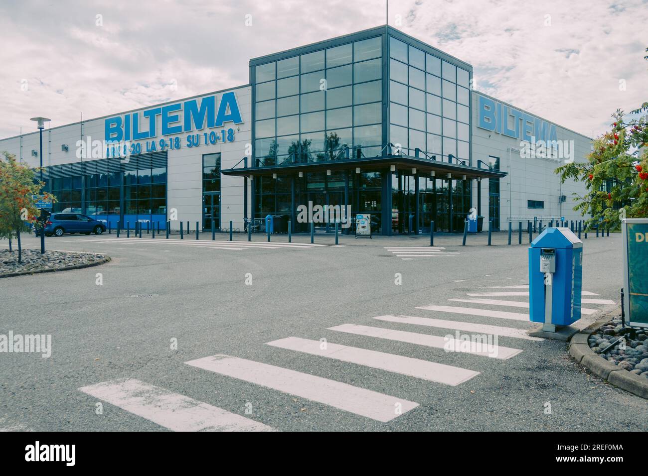 Helsinki, Finland - August 22, 2022: BILTEMA store. Blue sign above ...