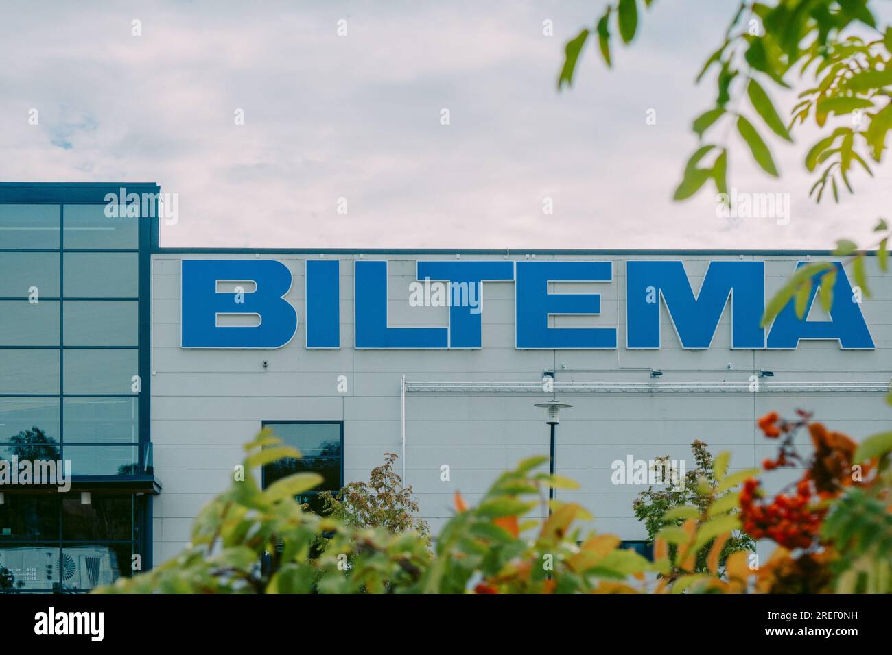 Helsinki, Finland - August 22, 2022: BILTEMA store. Blue sign above ...
