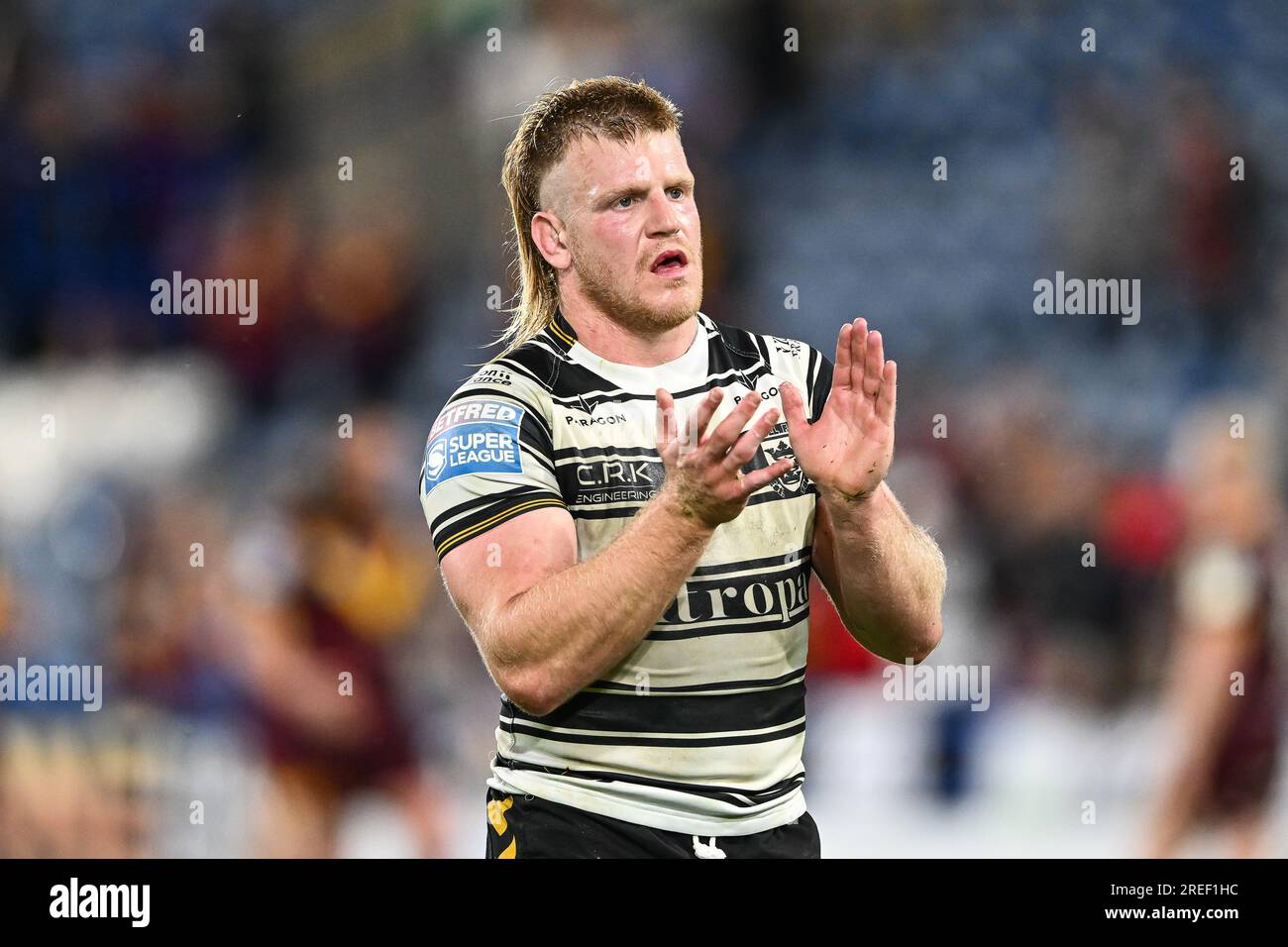 Brad Fash #13 of Hull FC applauds the fans at the end of the Betfred ...