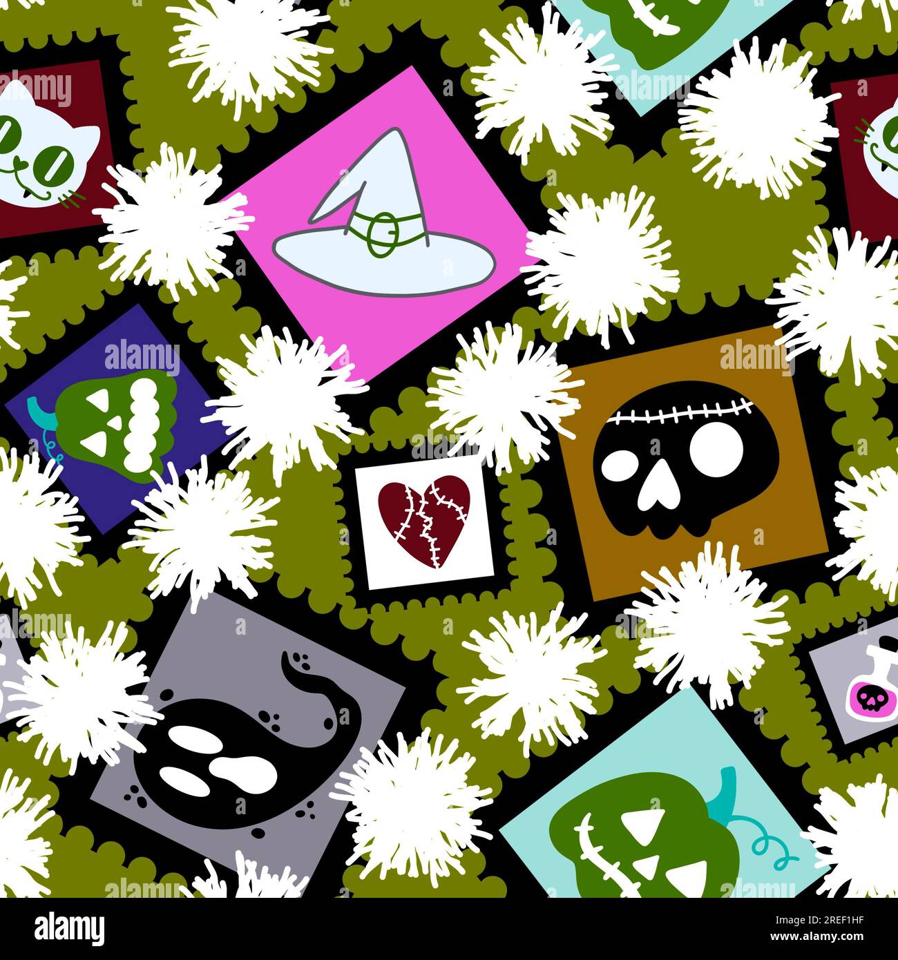 Postage stamps cartoon seamless Halloween pumpkins and ghost and poison ...