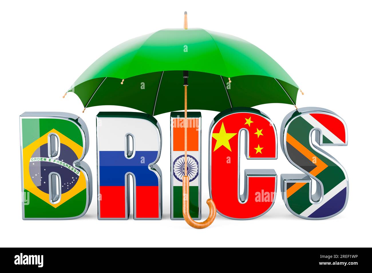 BRICS summit under umbrella, 3D rendering isolated on white background ...