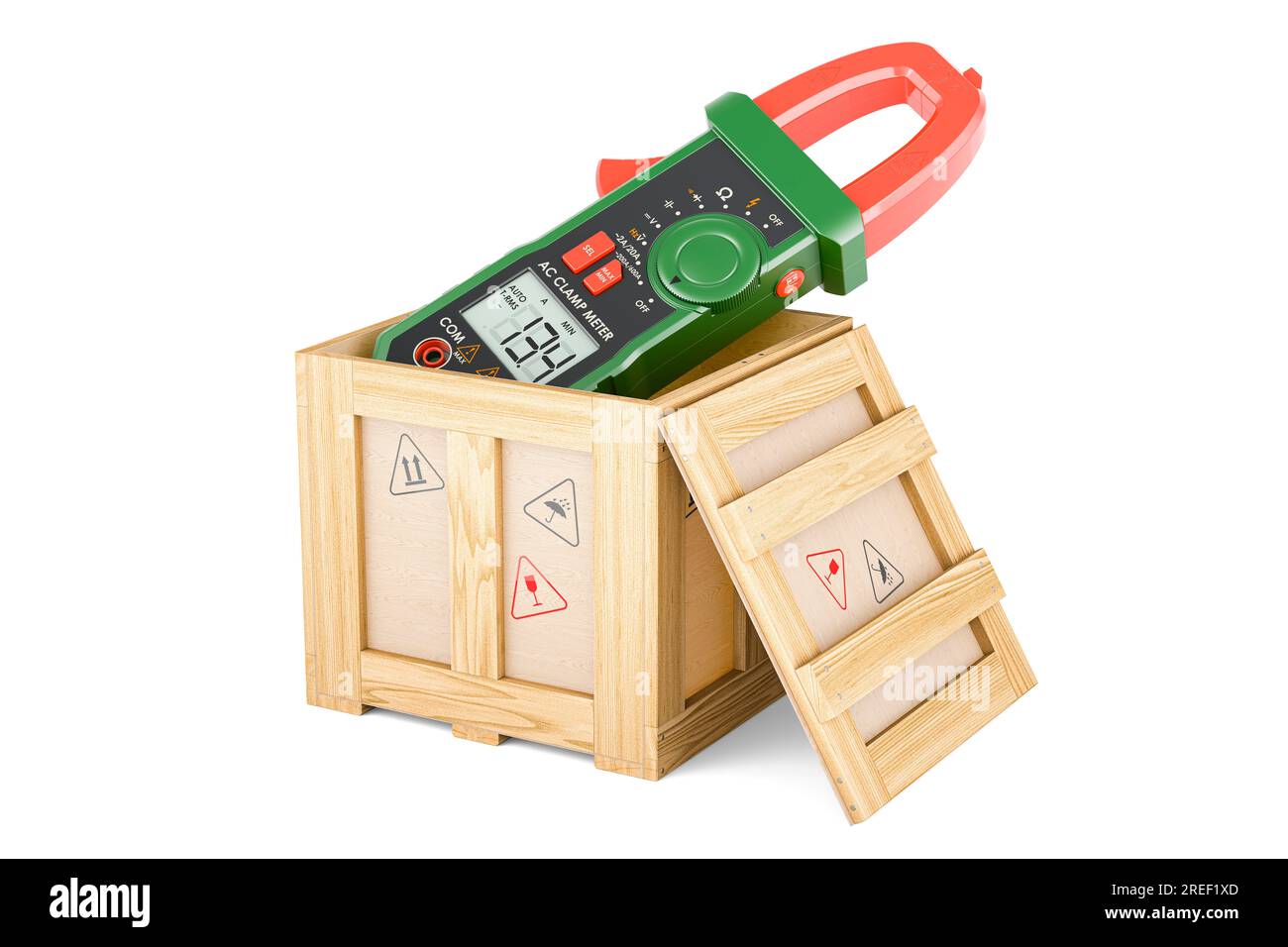 Digital multimeter inside wooden box, delivery concept. 3D rendering ...