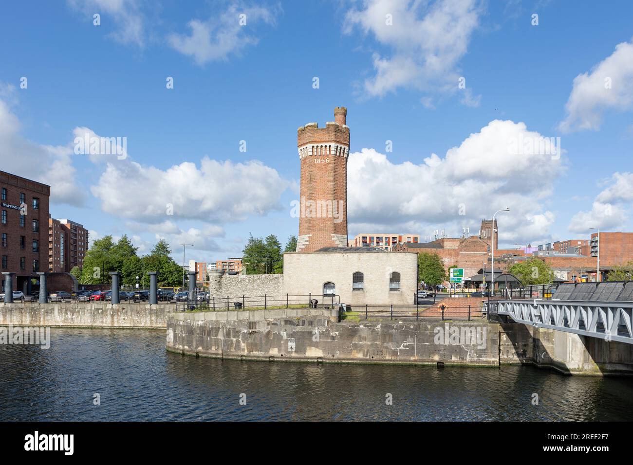 Brick hydraulic tower built in 1856 at Wapping Dock, Liverpool, Created ...