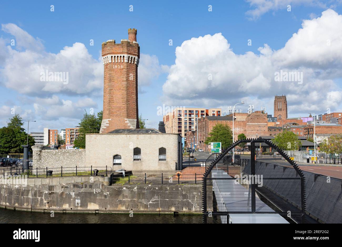 Brick hydraulic tower built in 1856 at Wapping Dock, Liverpool, Created ...