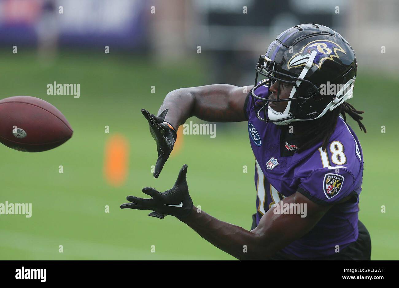 July 27, 2023: Baltimore Ravens WR Dontay Demus Jr. (18) participates ...