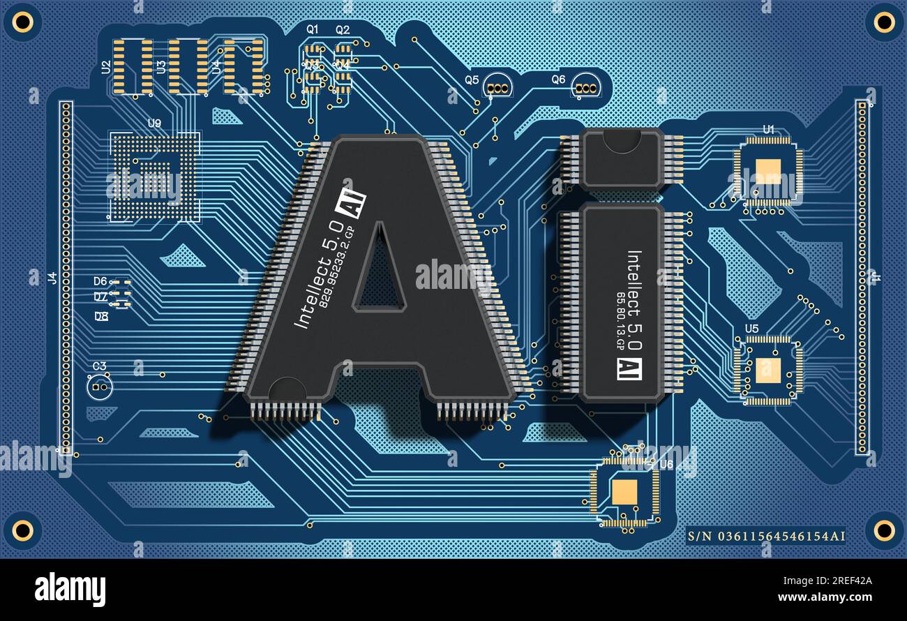 Two microchips in the form of the letters AI on an electronic board ...