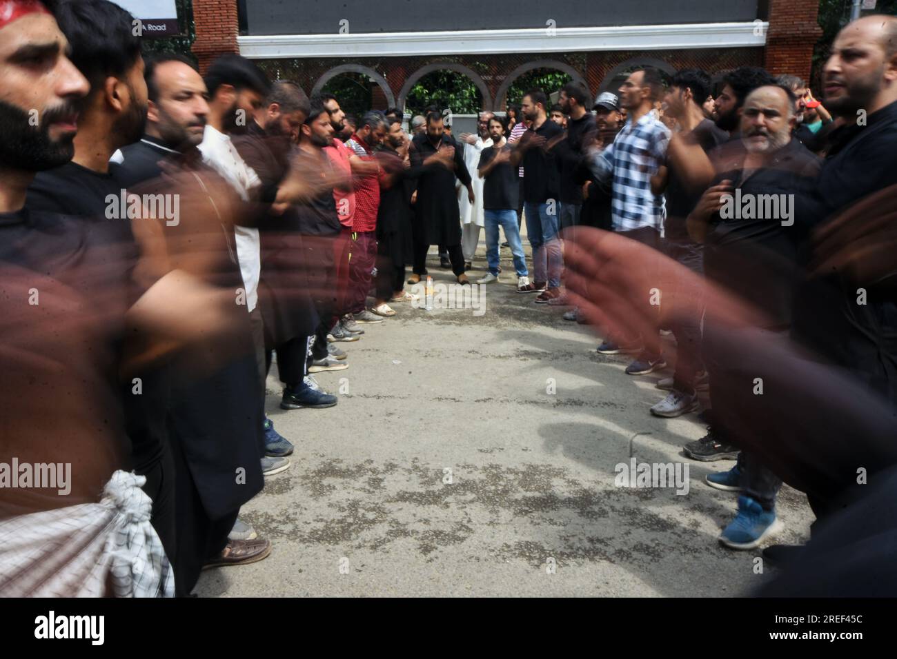 July 27, 2023, Srinagar, Jammu and Kashmir, India: Kashmiri Shiite Muslims take part in a ritual ...