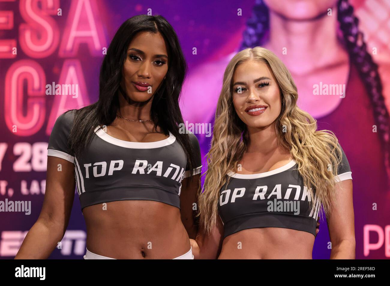 Las Vegas, NV, USA. 27th July, 2023. Two Top Rank ring girls pose for a photo on stage prior to ...
