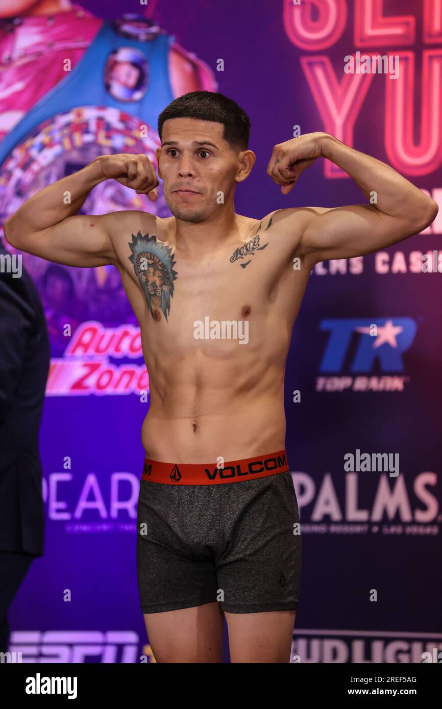 Las Vegas, NV, USA. 27th July, 2023. Juan Centeno poses on stage during the weigh in prior to ...