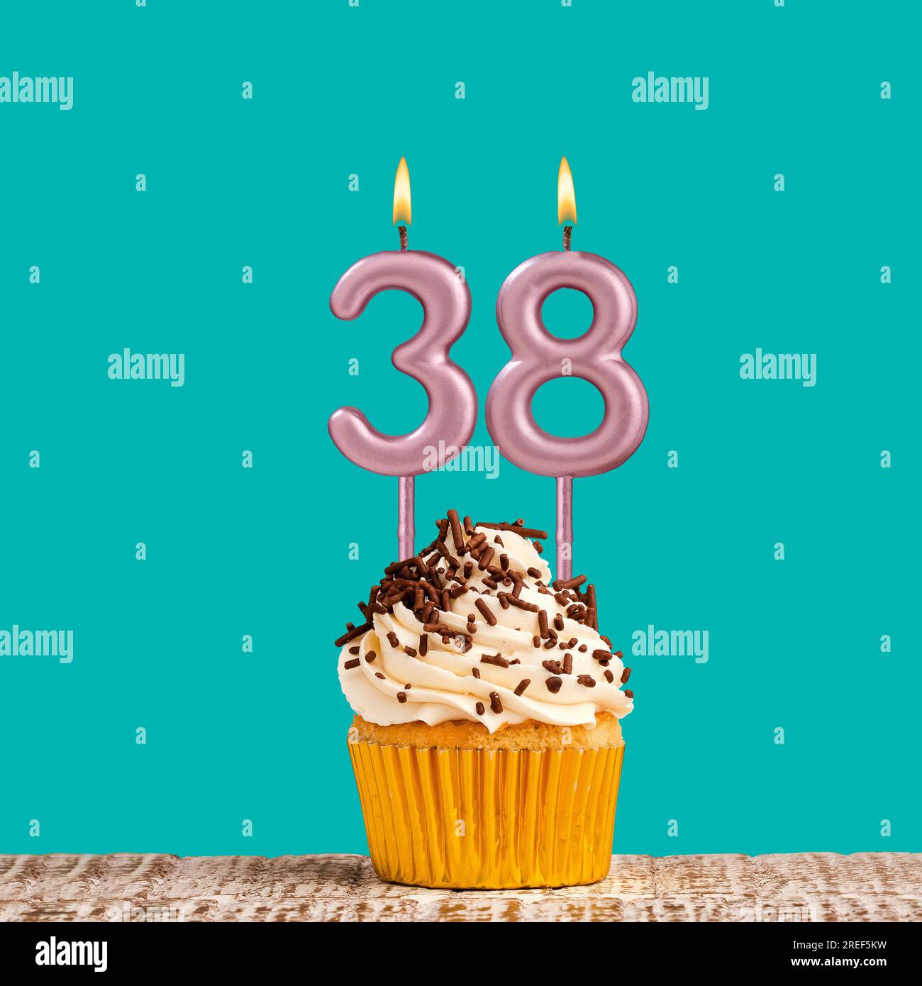 Birthday card with number 38 candle on aquamarine background Stock ...