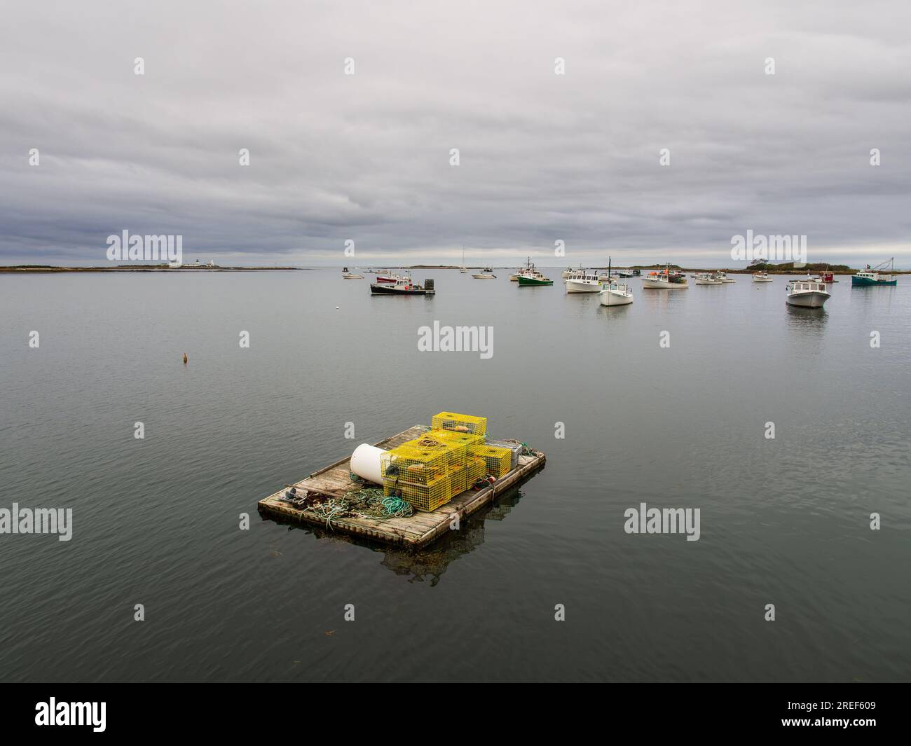Vibrant yellow lobster cages await fishing in Kennebunkport, Maine, USA ...