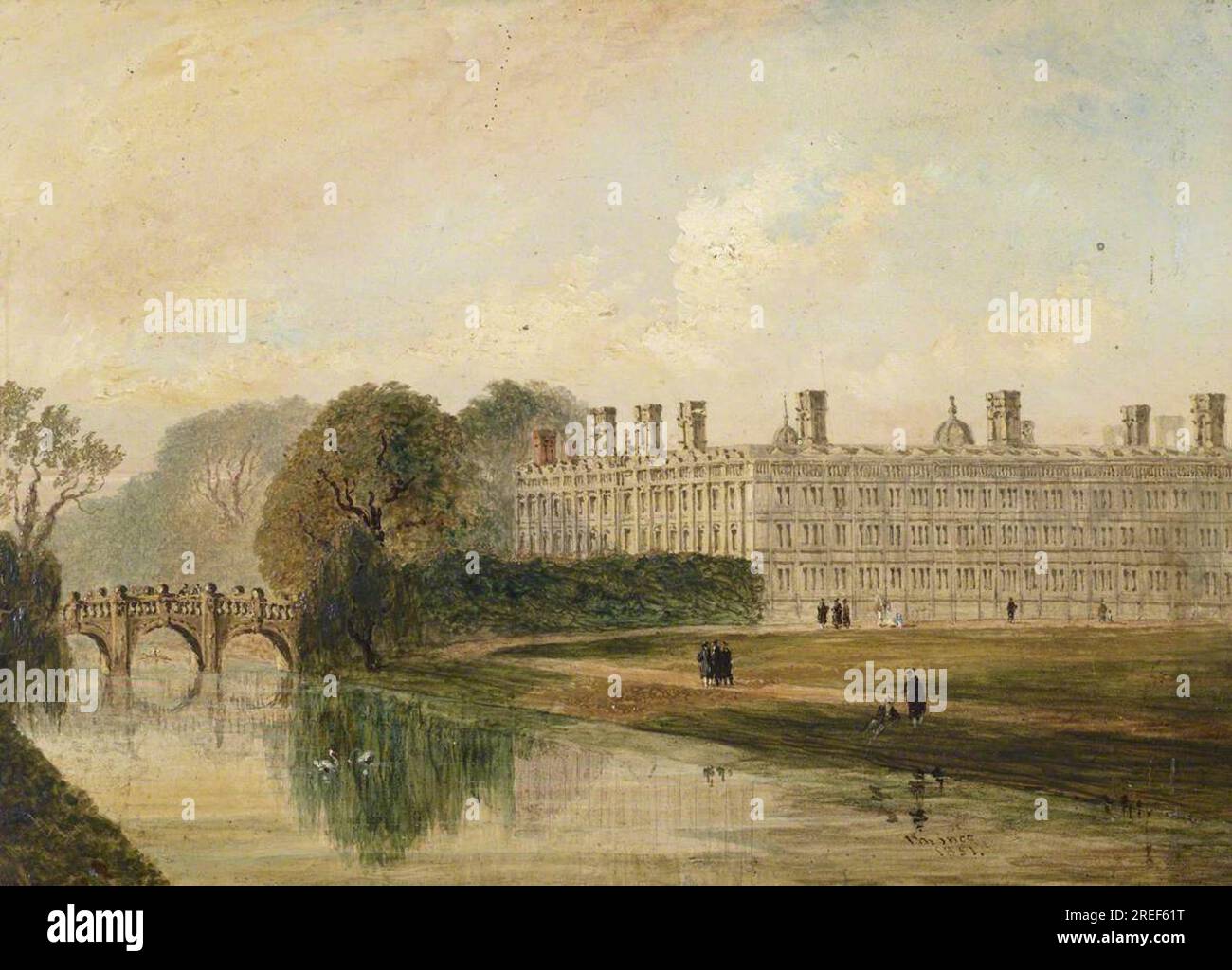 Clare College, Cambridge seen from King's Bridge 1851 by Joseph Murray ...