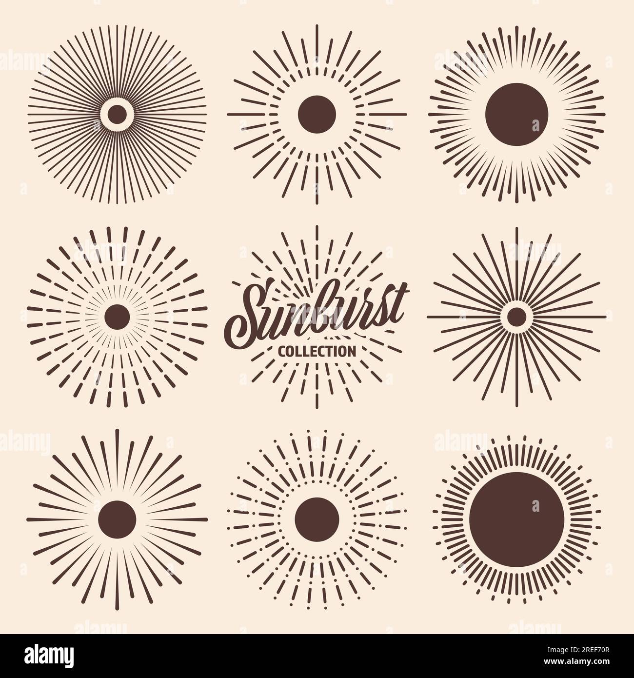 Vintage sunburst, sunset beams collection. Hand drawn bursting sun ...