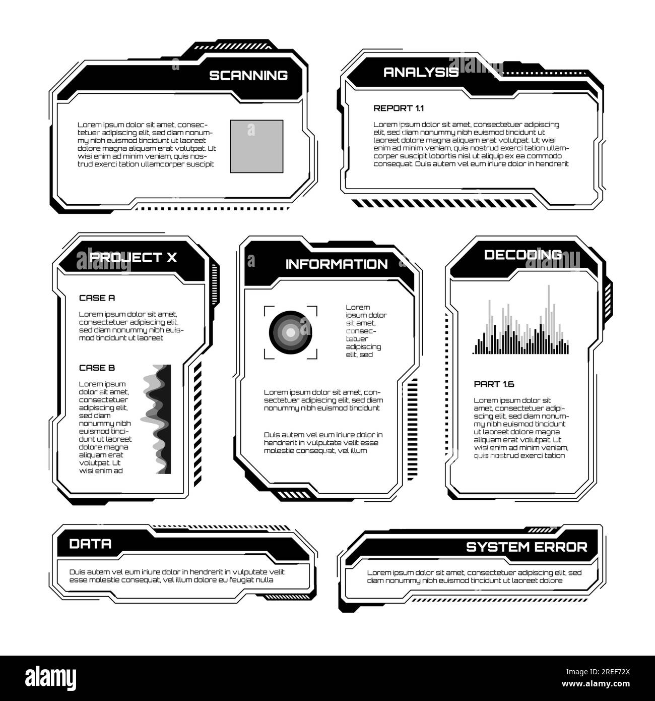 Black futuristic HUD, UI elements. Sci-fi user interface text boxes ...