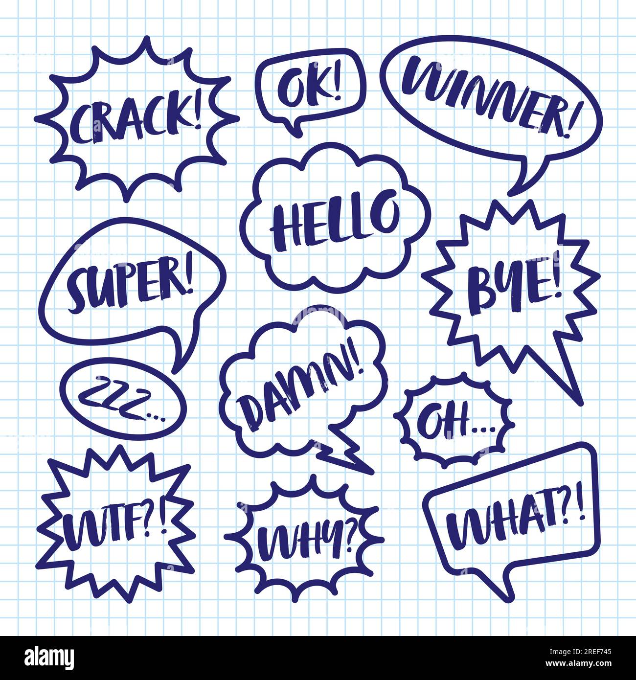 Hand drawn comic speech bubbles on checkered paper sheet. School ...