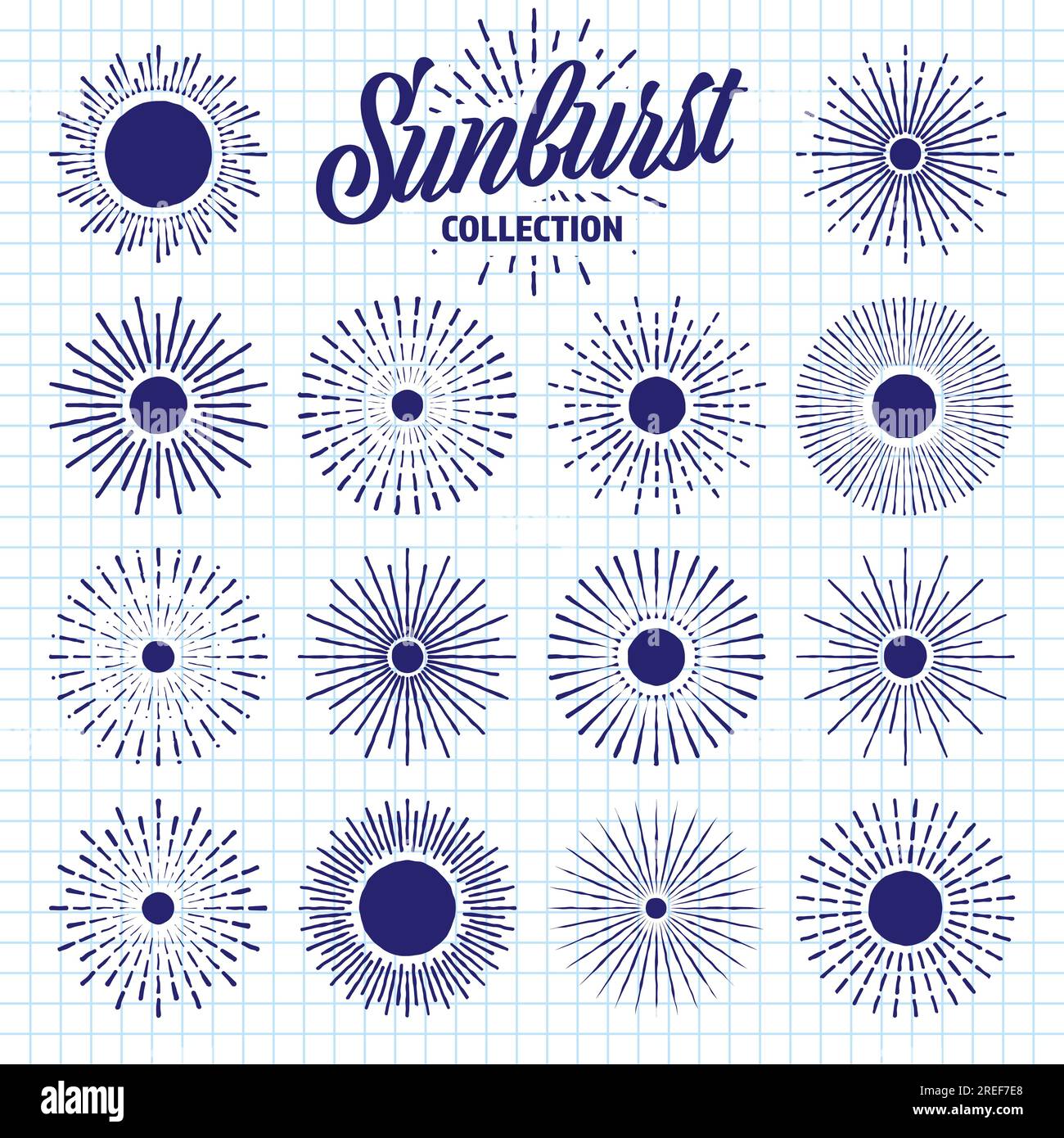 Hand drawn vintage sunburst, sunset beams on checkered paper sheet ...