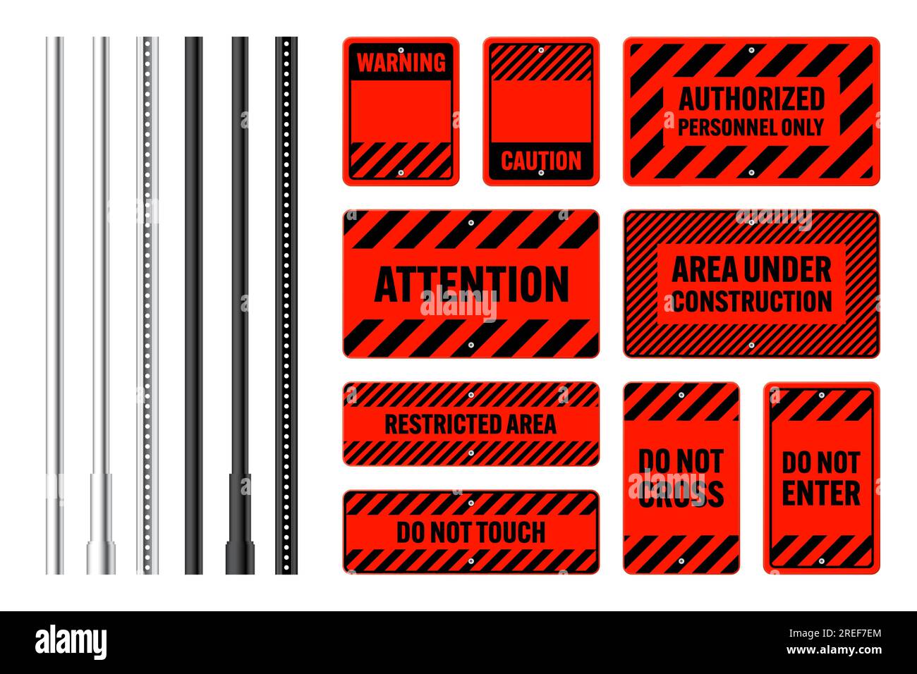 Warning, danger signs, attention banners with metal poles. Red caution ...