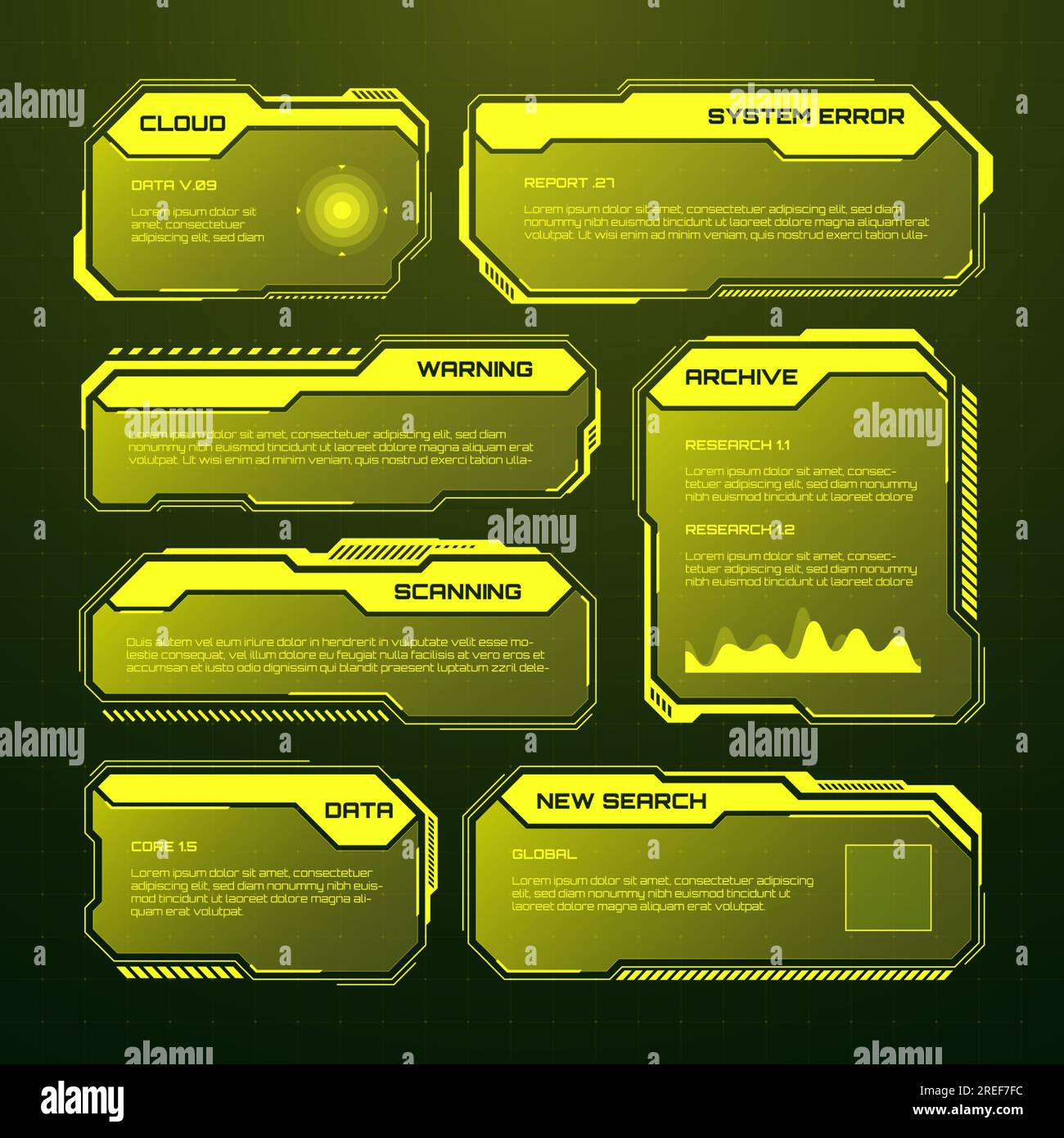 Yellow futuristic HUD, UI elements. Sci-fi user interface text boxes, callouts. Warning message ...