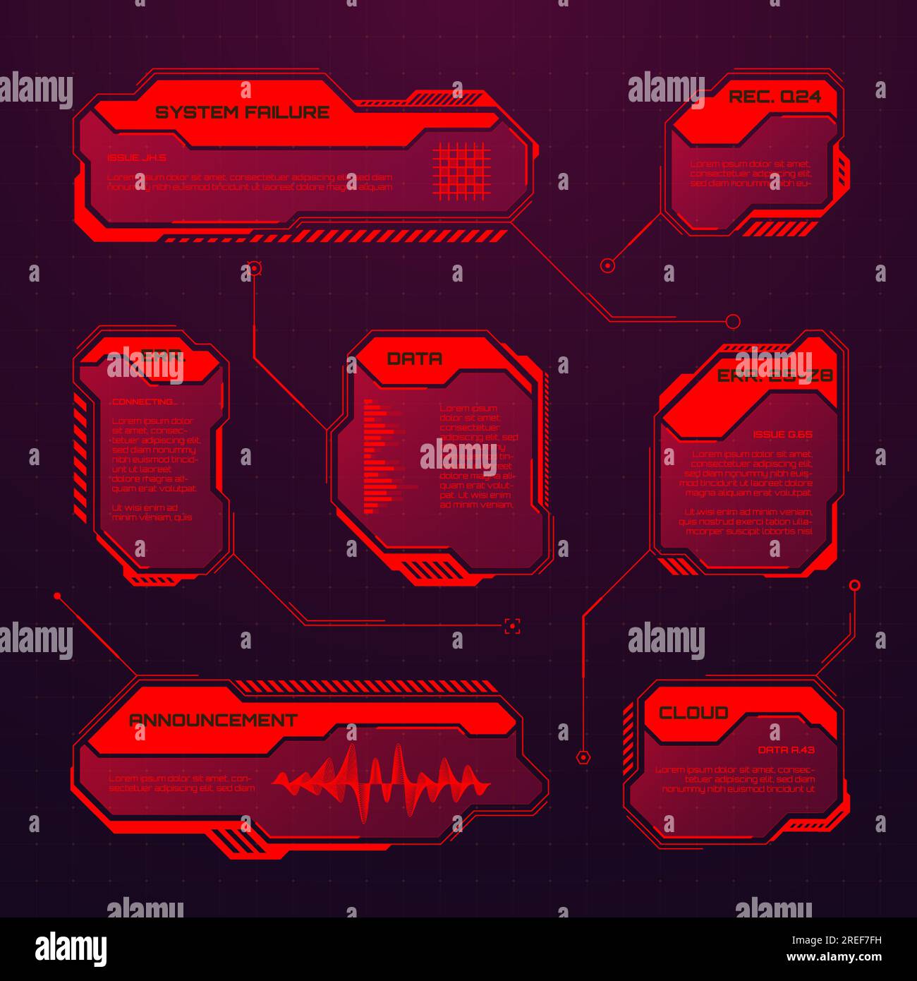 Red futuristic HUD or UI elements. Sci-fi user interface text boxes, callouts. Warning message ...