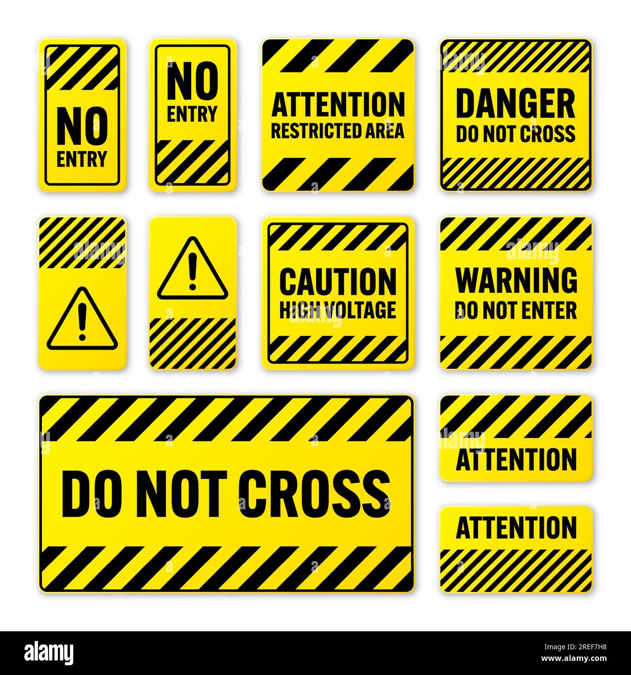 Various black and yellow warning signs with diagonal lines. Attention ...
