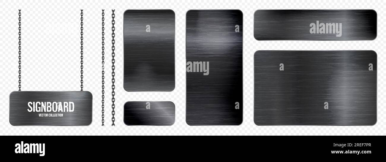 Metal banners hanging on a chain. Realistic shiny steel plate with ...