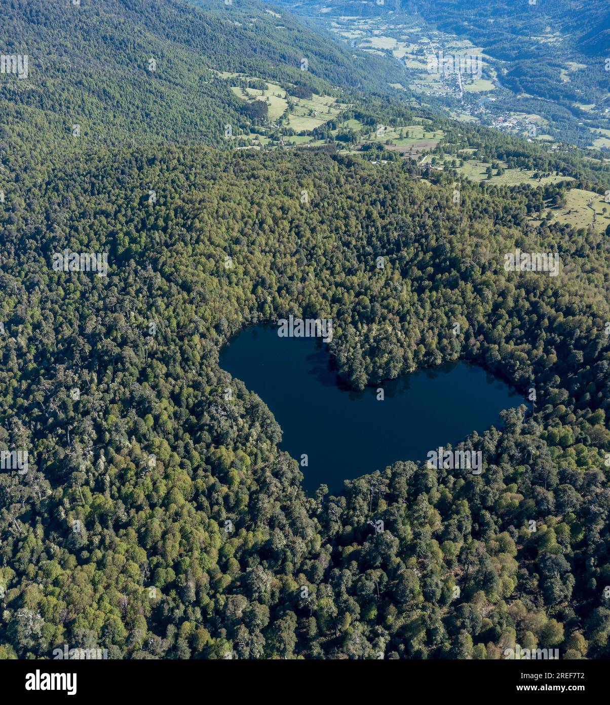 Heart lagoon, Laguna Corazon, Chile. Drone top down view go lagoon with ...