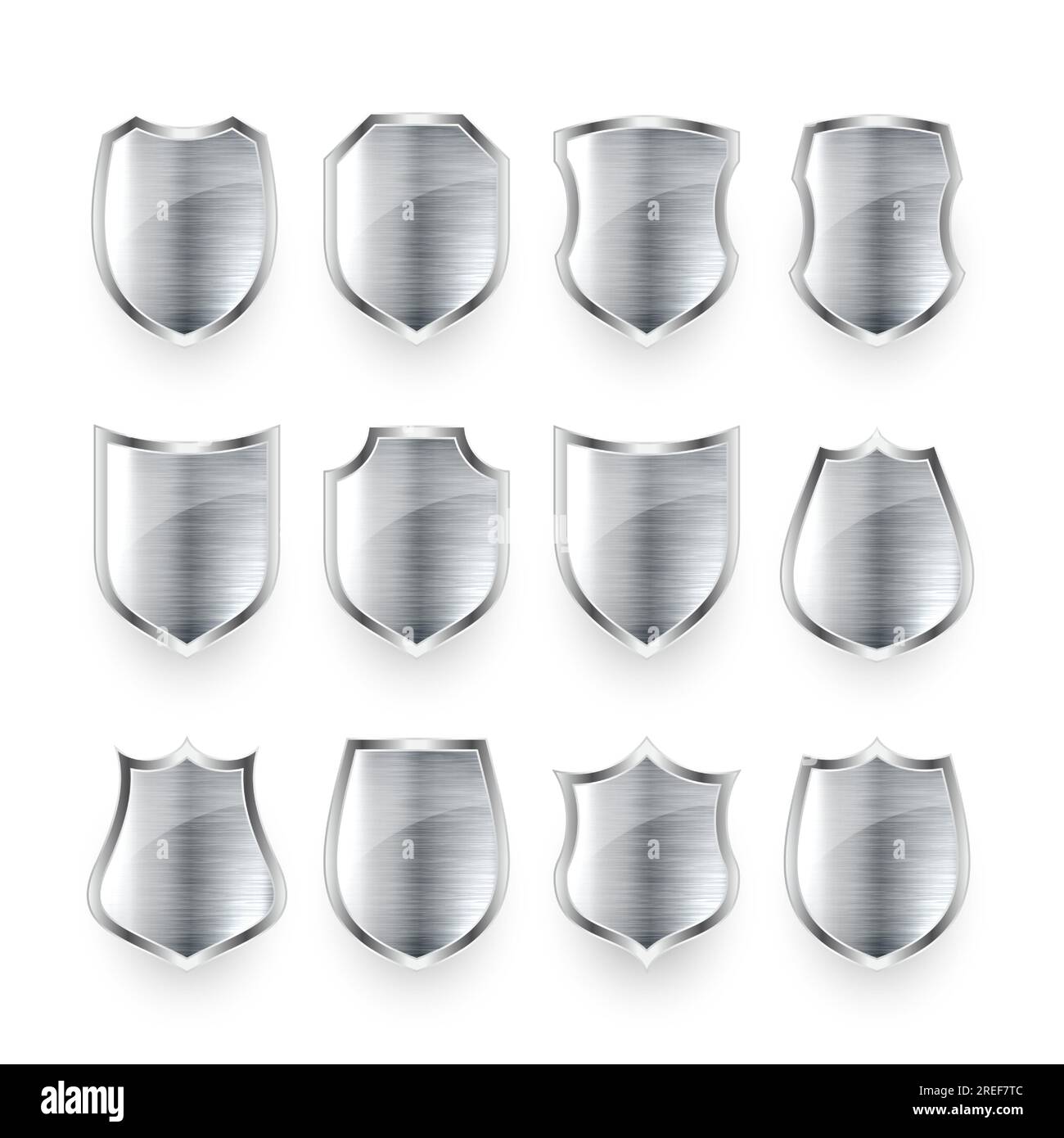 Set of various vintage 3d metal shield icons. Shiny steel heraldic ...