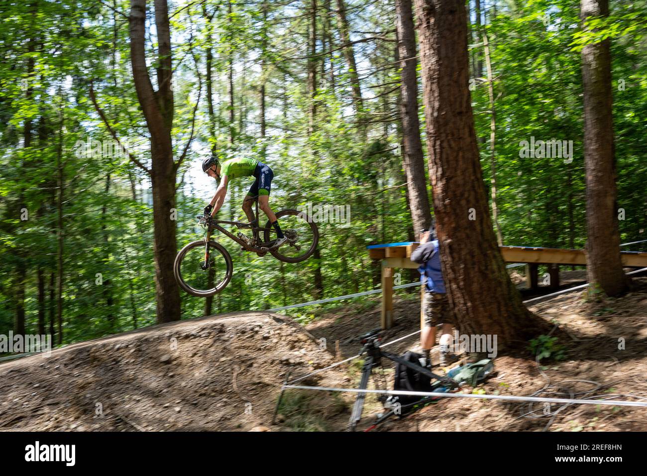 Slovenian rider Rok Naglic jumps from drop - 2023 UEC MTB Elite ...