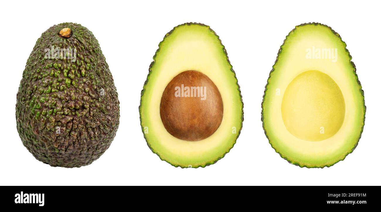 Set of avocado fruit. Fresh whole and half avocado isolated on white ...