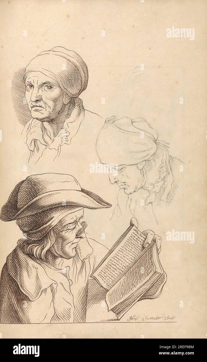 Sketches of Two Heads, and a Man Reading a Book between 1715 and 1720 ...