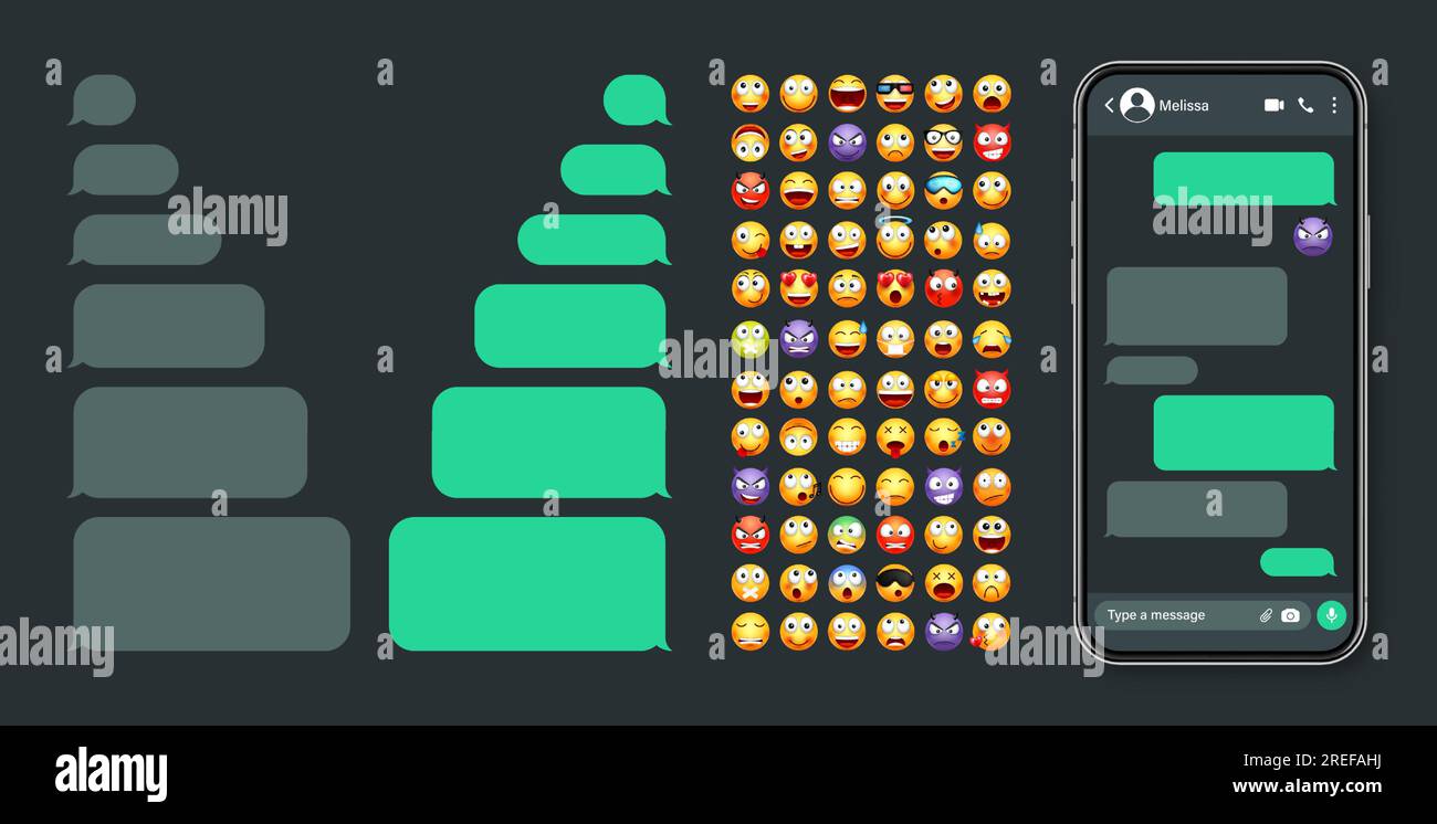 Smartphone messaging app, user interface with emoji. SMS text frame ...