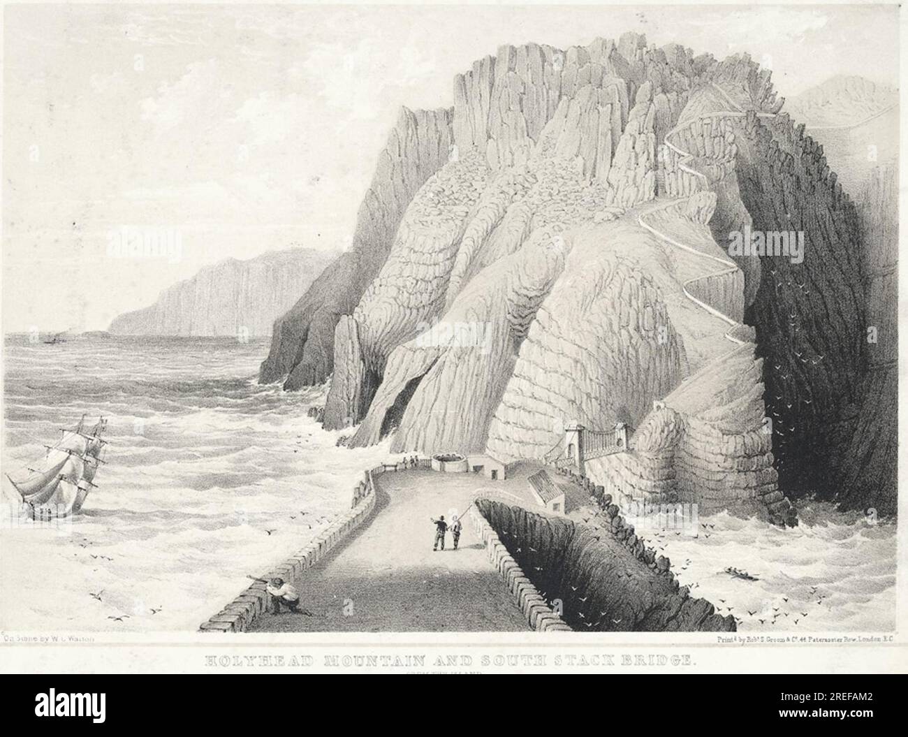 Holyhead mountain and South Stack bridge. from the island circa 1840 by ...