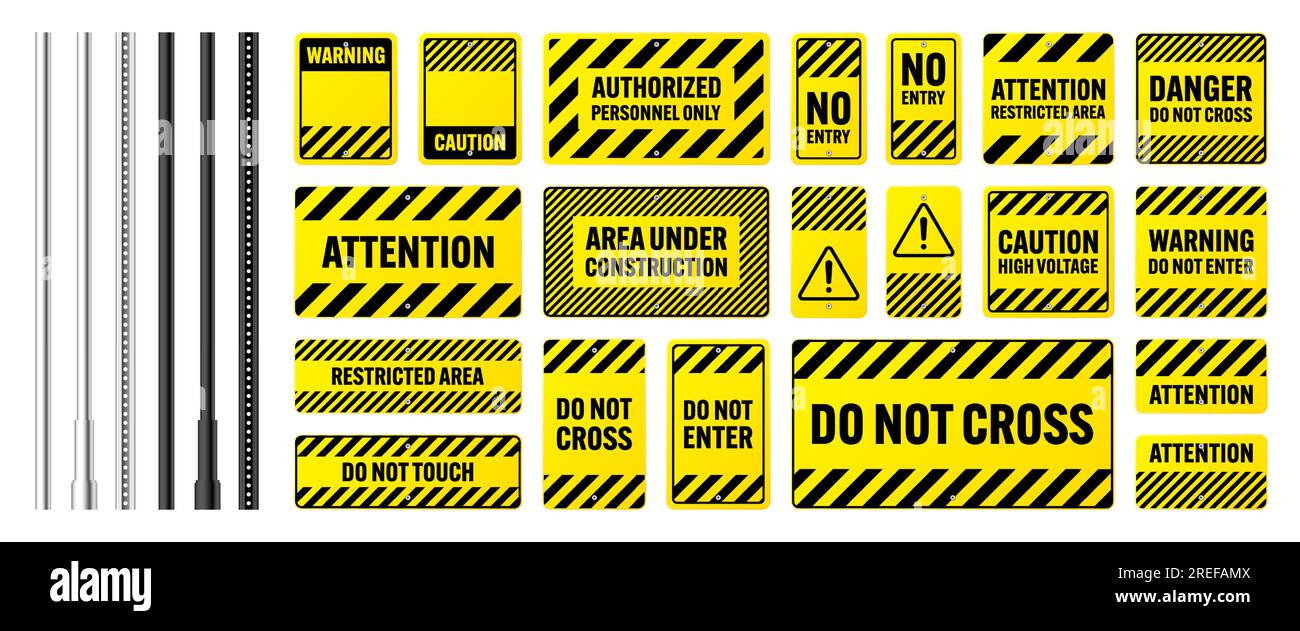 Warning, danger signs, attention banners with metal poles. Yellow ...