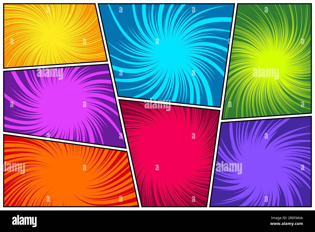 Colorful twisted comic book radial rays, lines. Comics background with ...