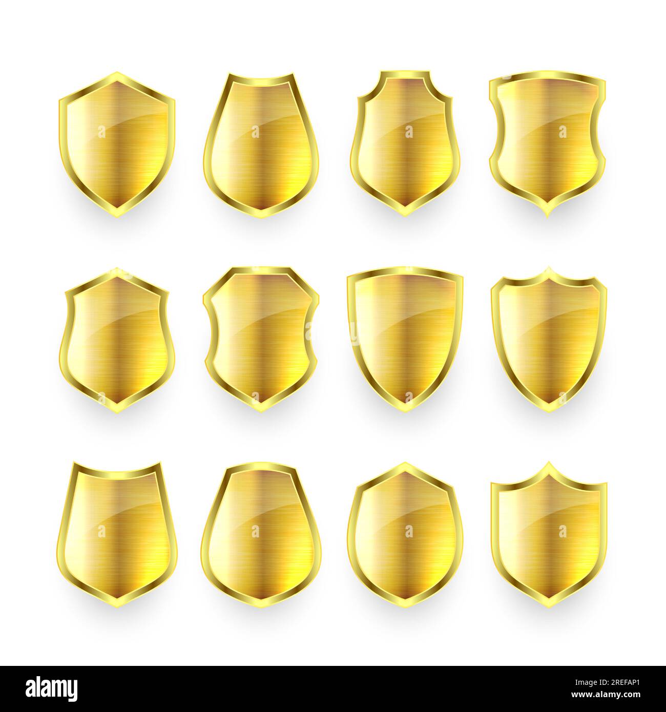 Set of various vintage 3d metal shield icons. Shiny golden heraldic ...