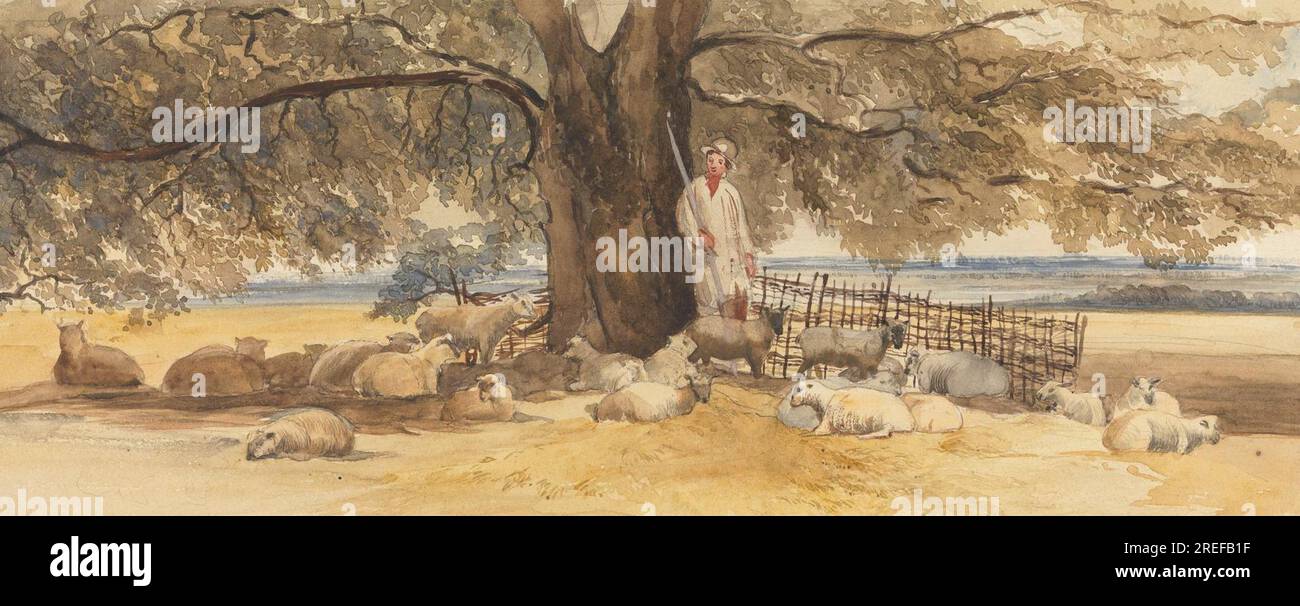 A Shepherd with Flock Beneath a Large Tree by Arthur James Stark Stock ...