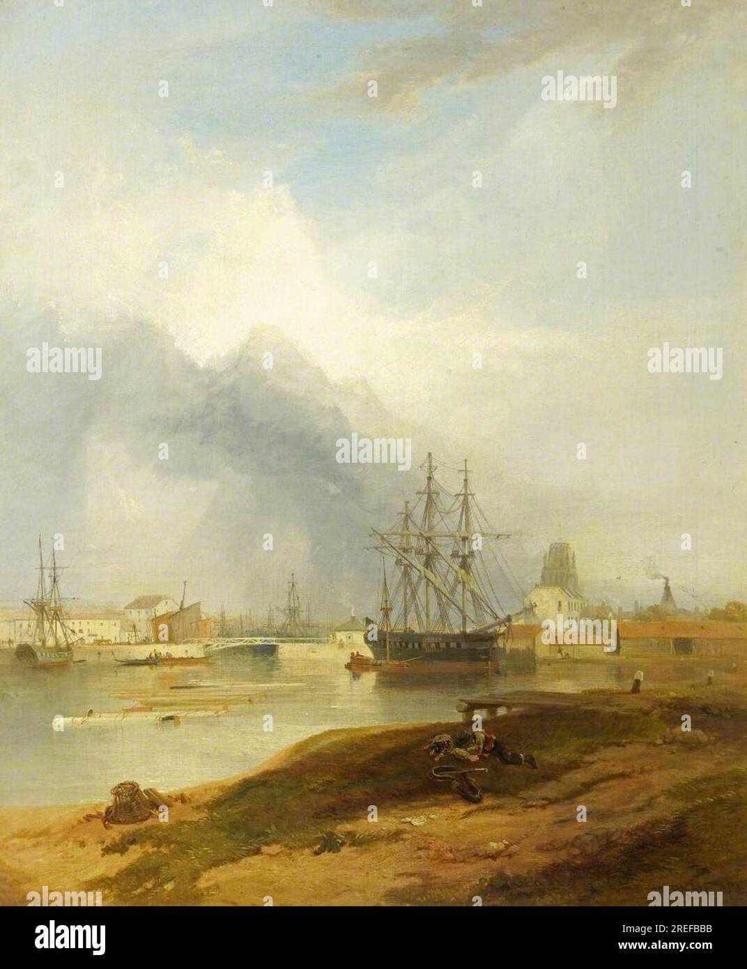 Bristol Docks with the Church of St Mary Redcliffe in the distance ...