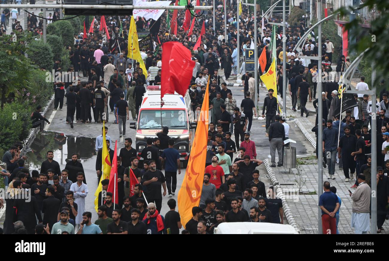 Srinagar, India. 27th July, 2023. SRINAGAR, INDIA - JULY 20: Shia mourners participating in ...